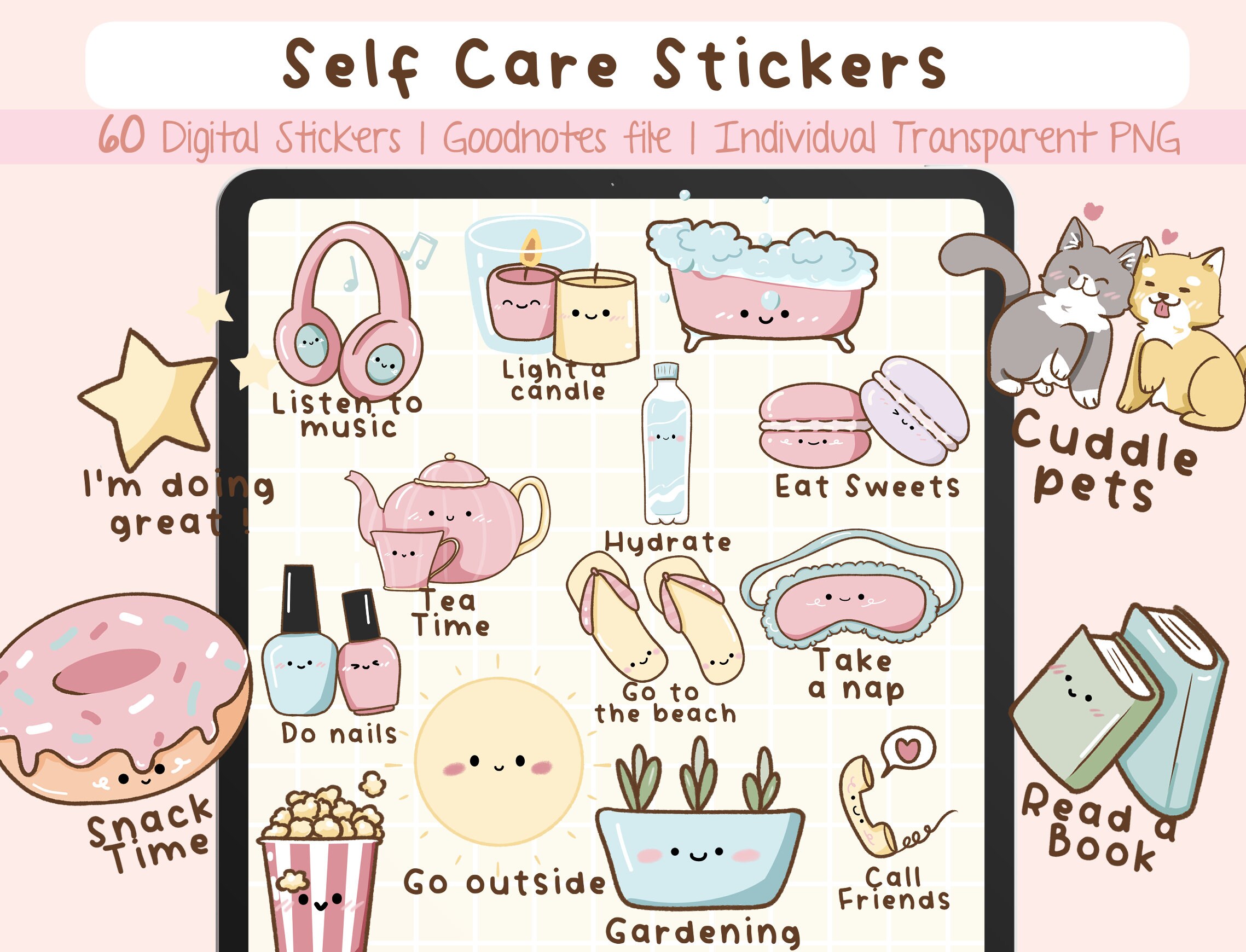 Self Care Stickers 60 Kawaii Digital Stickers for Self Care - Etsy