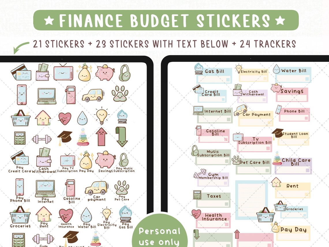 Finance and Budget Digital Stickers, 68 Kawaii Clipart Trackers for ...