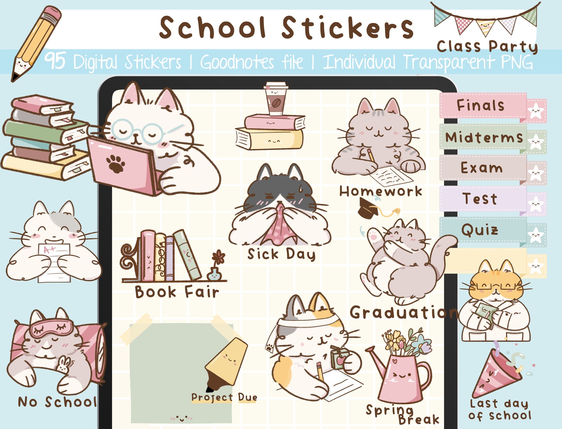 School Digital Stickers, 95 Kawaii Digital Stickers for Students and ...