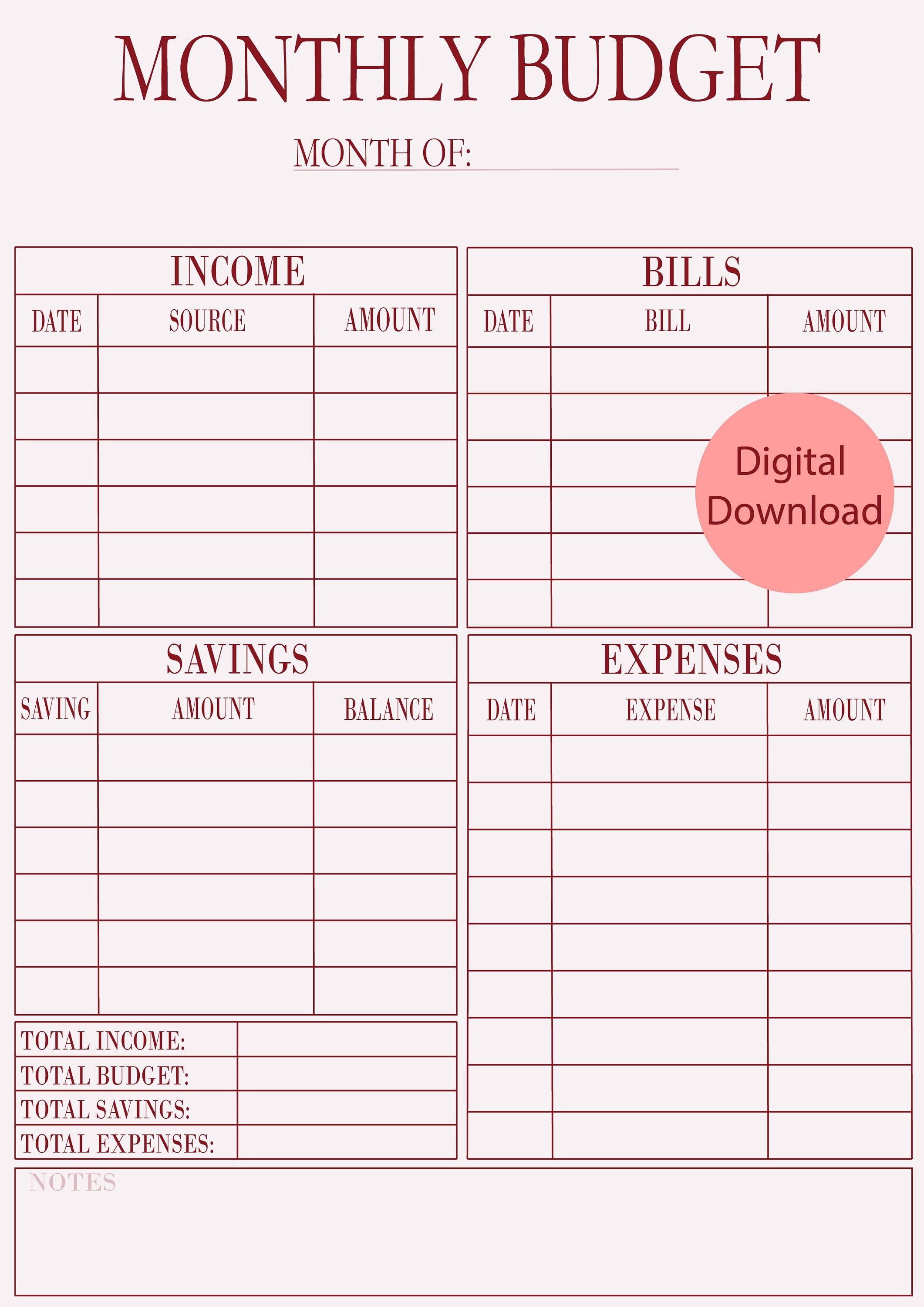 Monthly Budget Overview, Printable Budget Planner, Monthly Planner ...