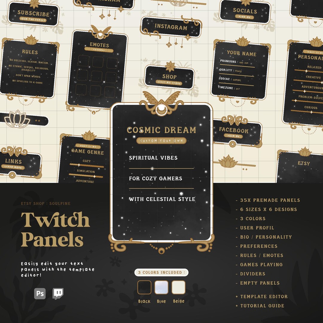 Astral Twitch Panels: Celestial Stream Overlay Kit – 35 Premade Panels ...