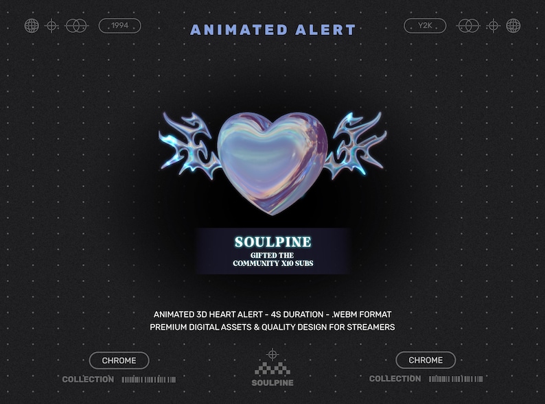 3D Heart Animated Twitch Alert : Holographic Blue Gem Y2K - Chrome ...