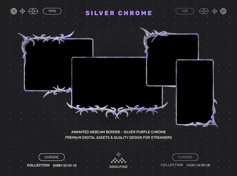 Chrome Y2K Animated Webcam Frames: Silver Purple Stream Borders for ...