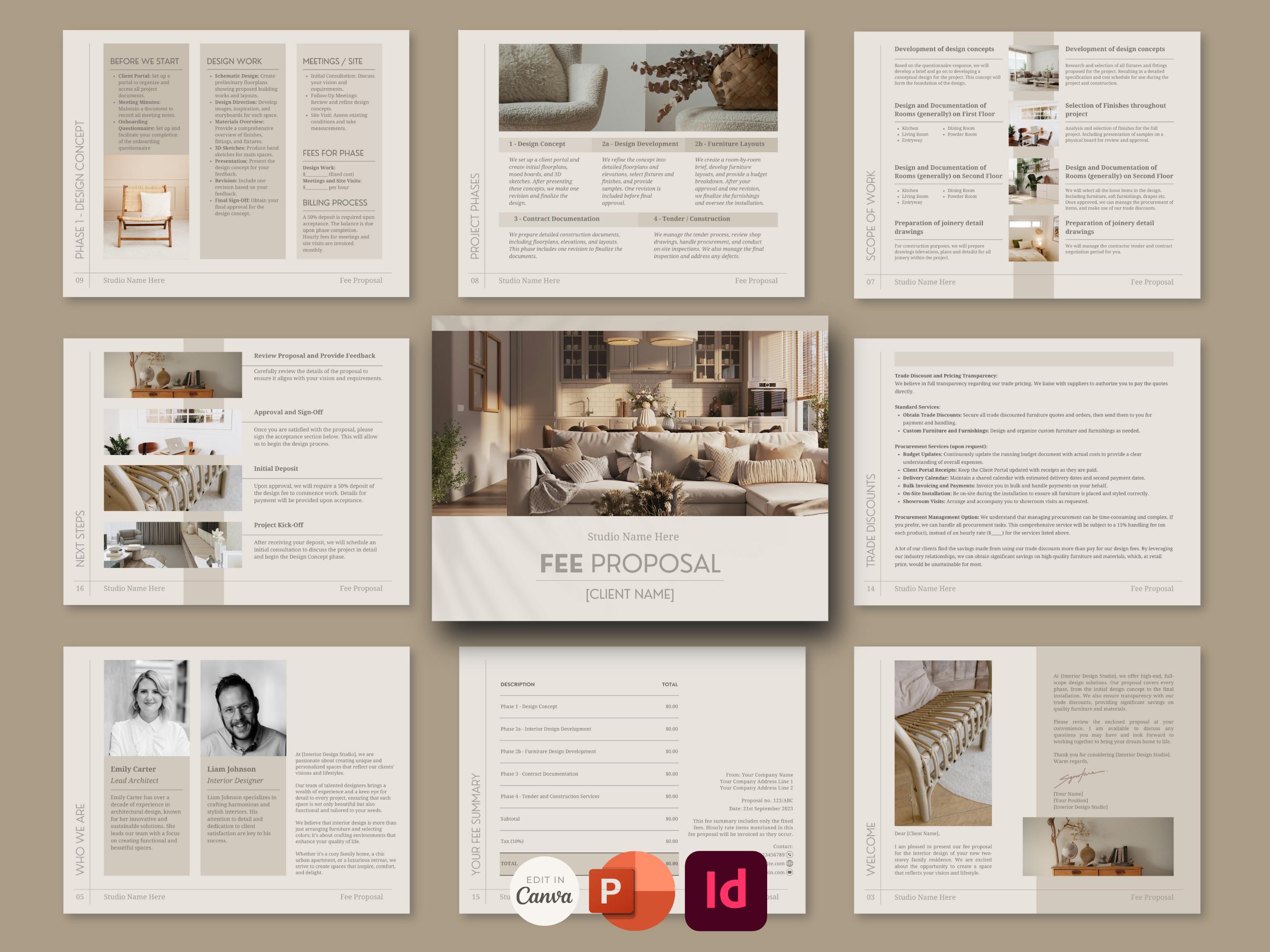 Interior Design Fee Proposal Template Canva Powerpoint Adobe Indesign ...