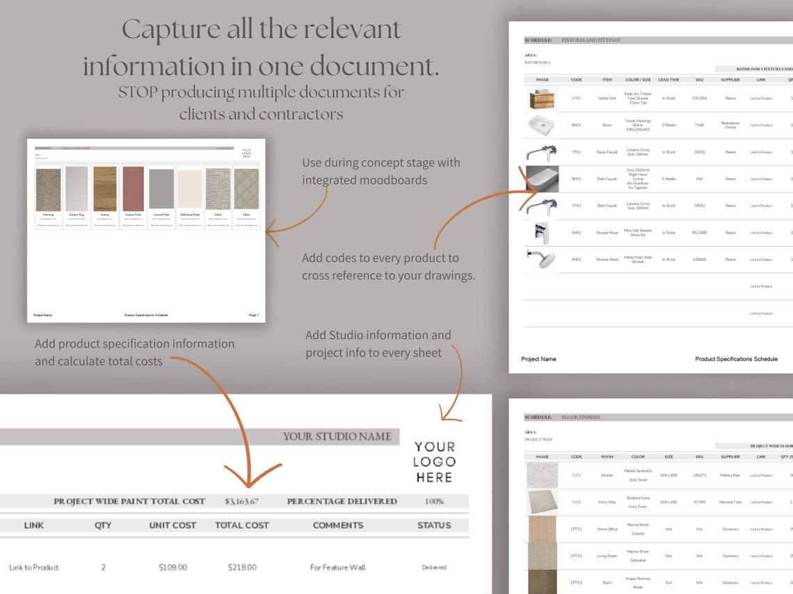 Interior Design Google Sheets FF+E Finishes Product Specification Schedule Template - Etsy