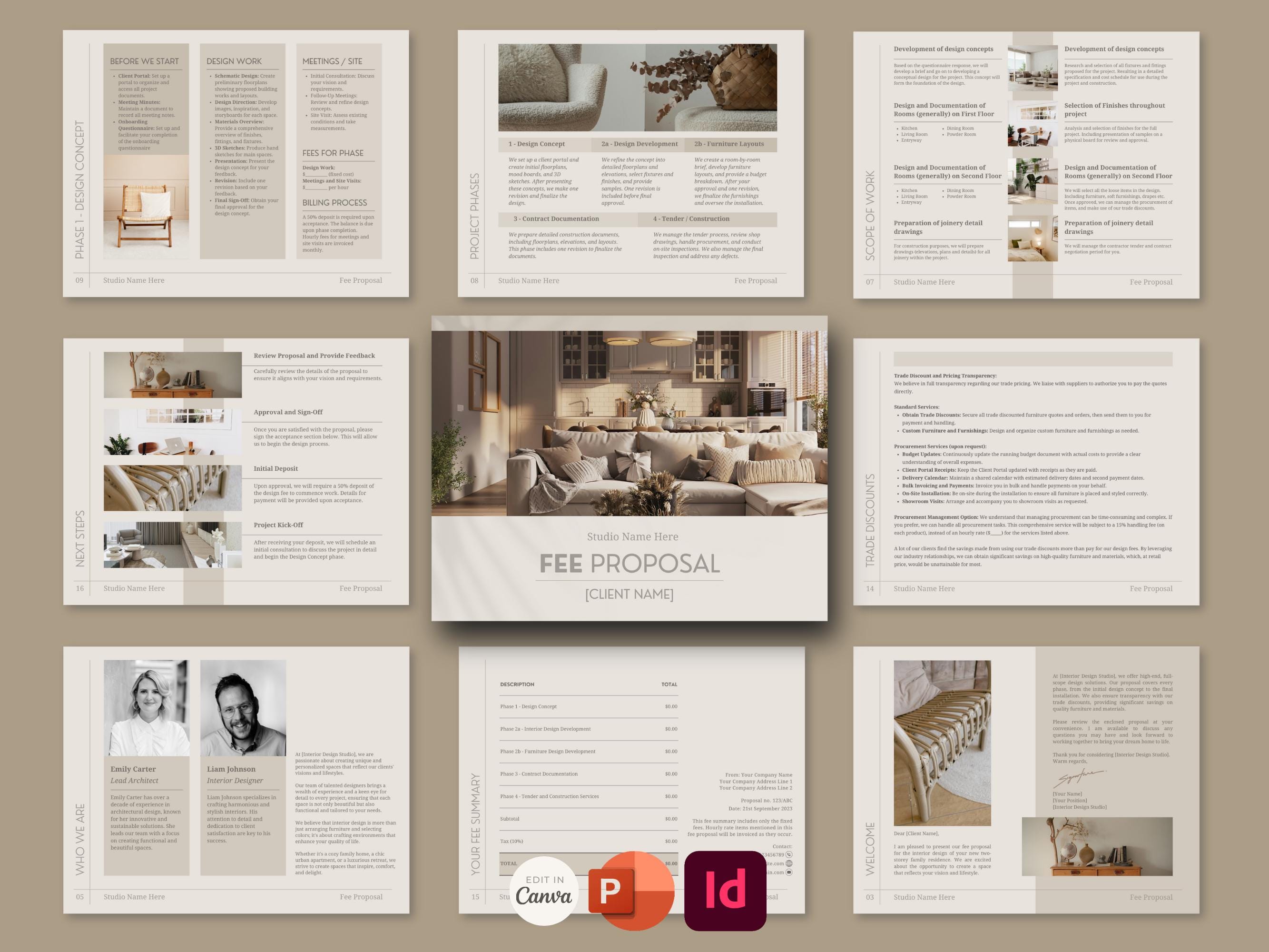 Interior Design Fee Proposal Template - Canva Powerpoint Adobe Indesign ...