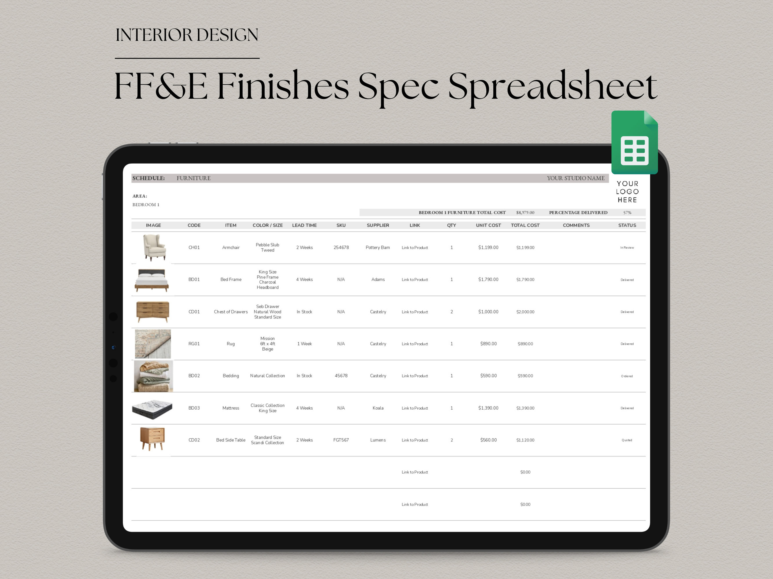 Interior Design Google Sheets FF+E Finishes Product Specification ...
