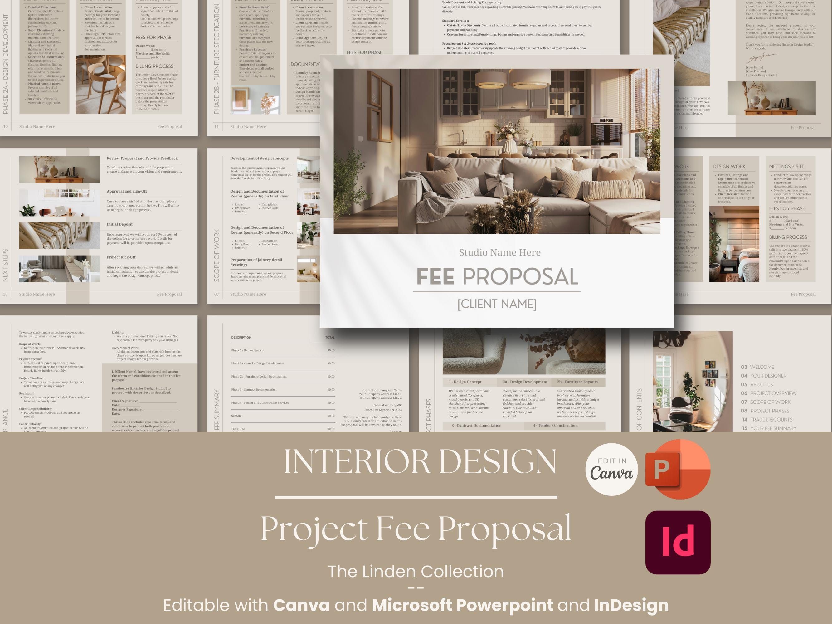 Interior Design Fee Proposal Template - Canva Powerpoint Adobe Indesign ...