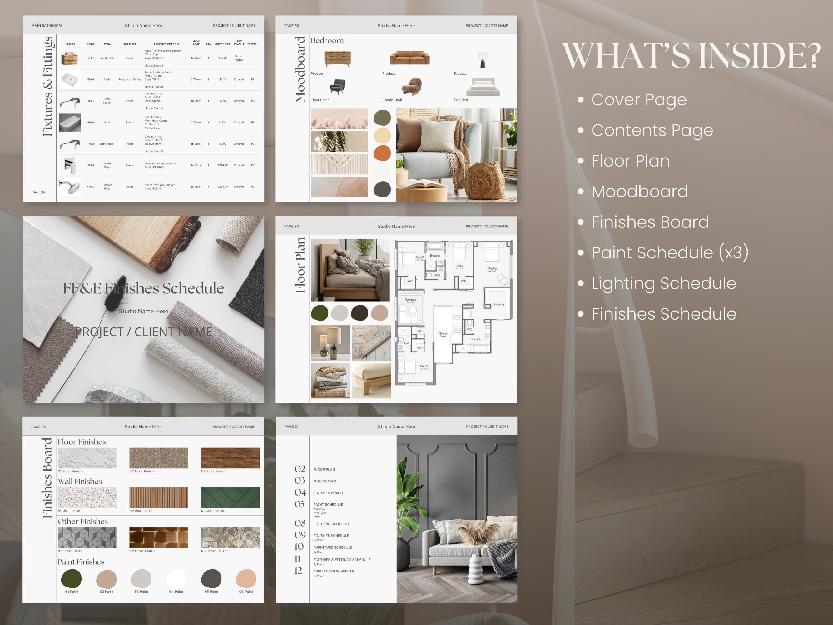Interior Design Fixtures and Finishes Canva Template Schedule Interior ...