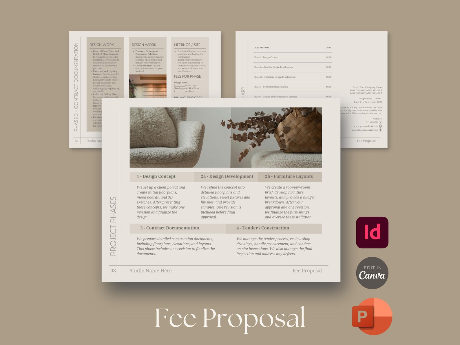 Interior Design Fee Proposal Template - Canva Powerpoint Adobe Indesign ...