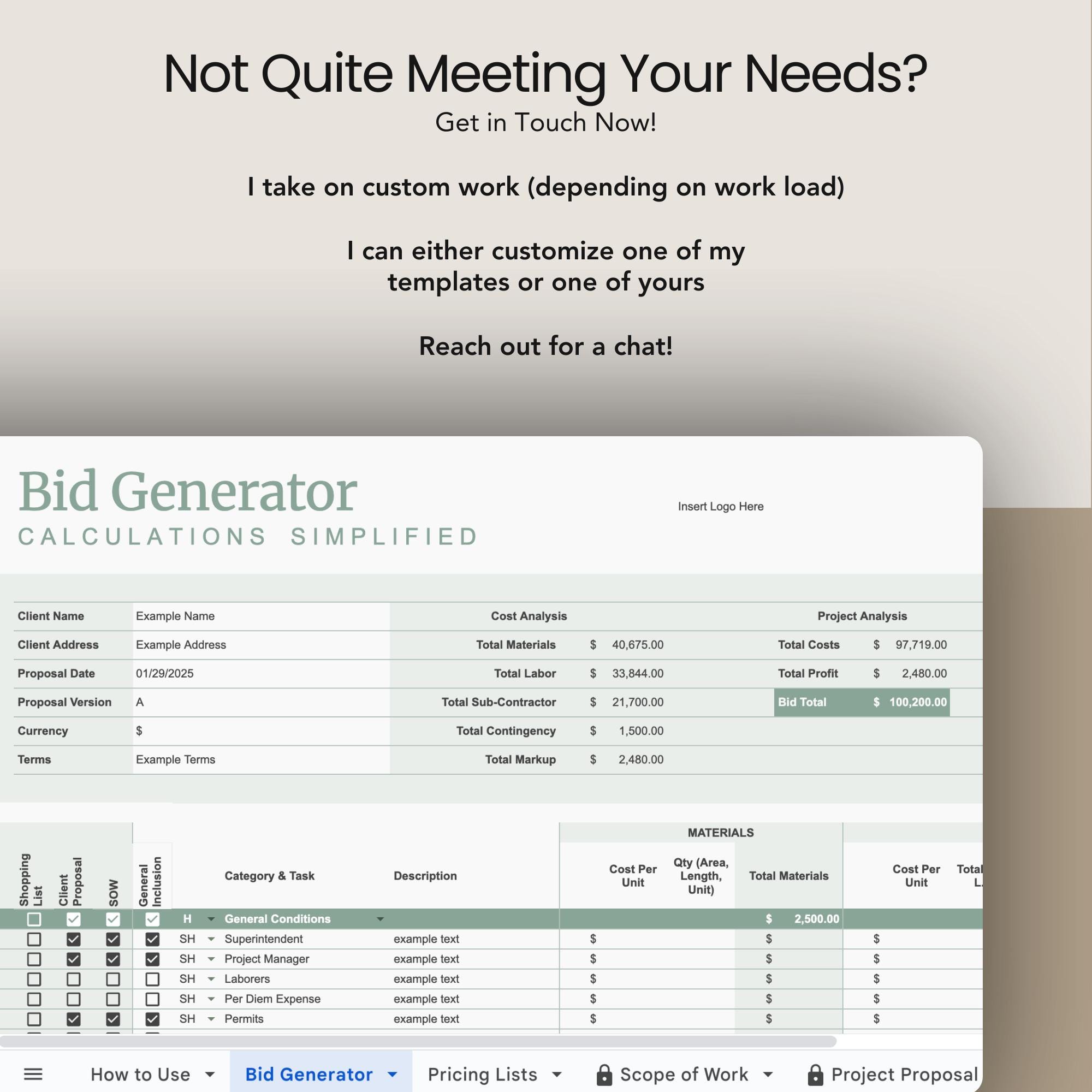 Construction Bid Generator Calculator, Professional Google Sheets ...