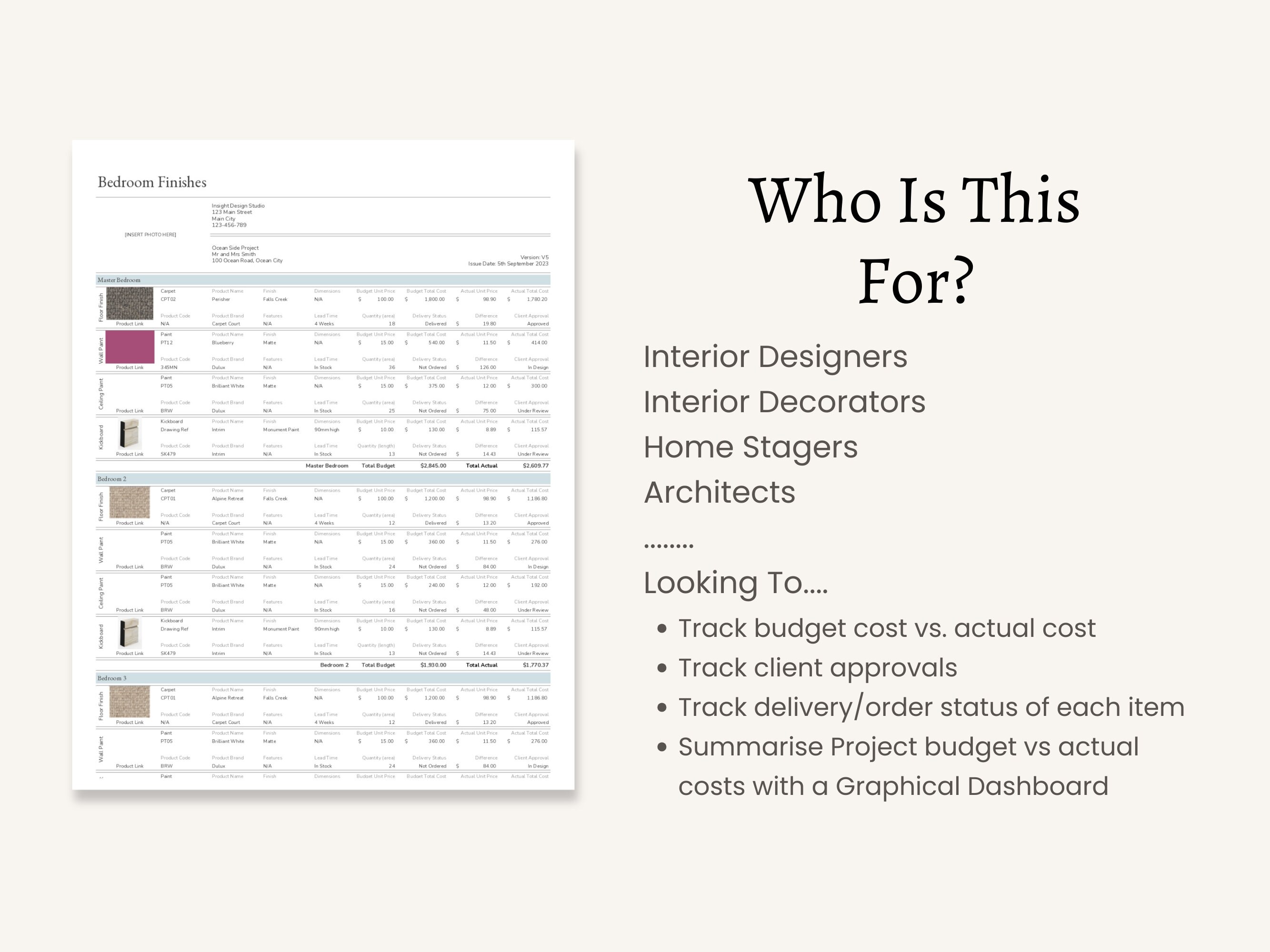Interior Design Product Specification Schedule With Budget Comparison ...