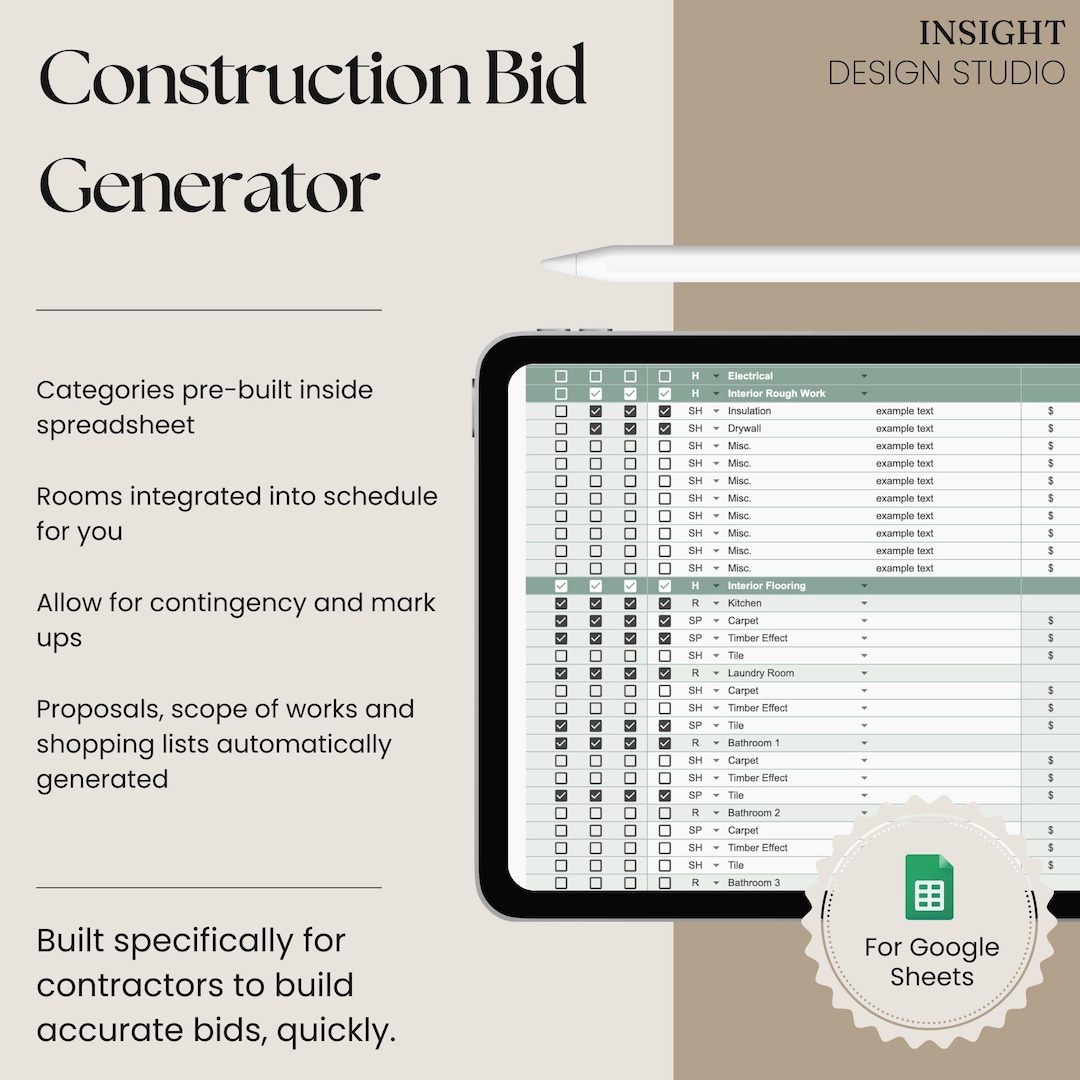 Construction Bid Generator Calculator Google Sheets Builders ...
