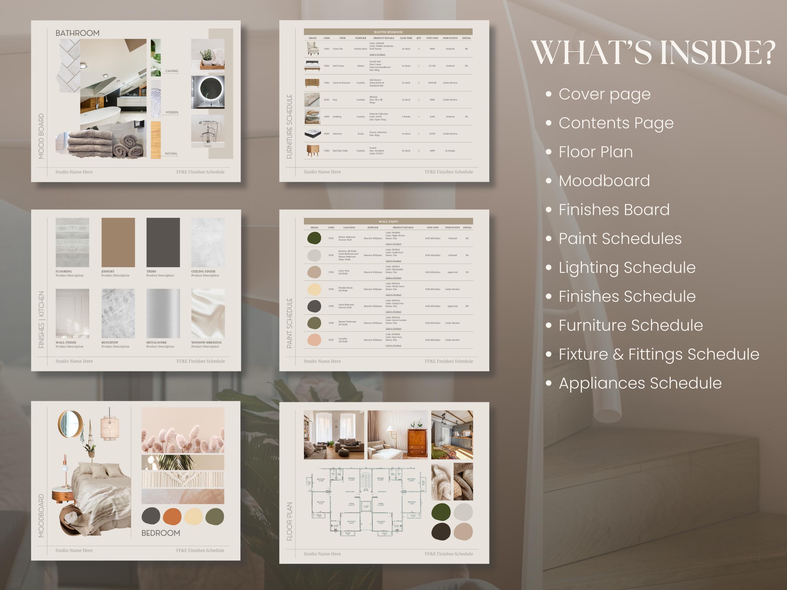 FFE Finishes Schedule for Interior Designers, Moodboard, Specification ...
