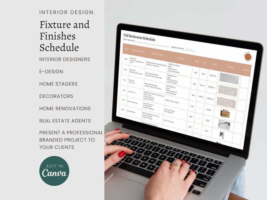 Interior Design Fixture and Finishes Schedule | Canva Template | Lighting Schedule | Kitchen ...