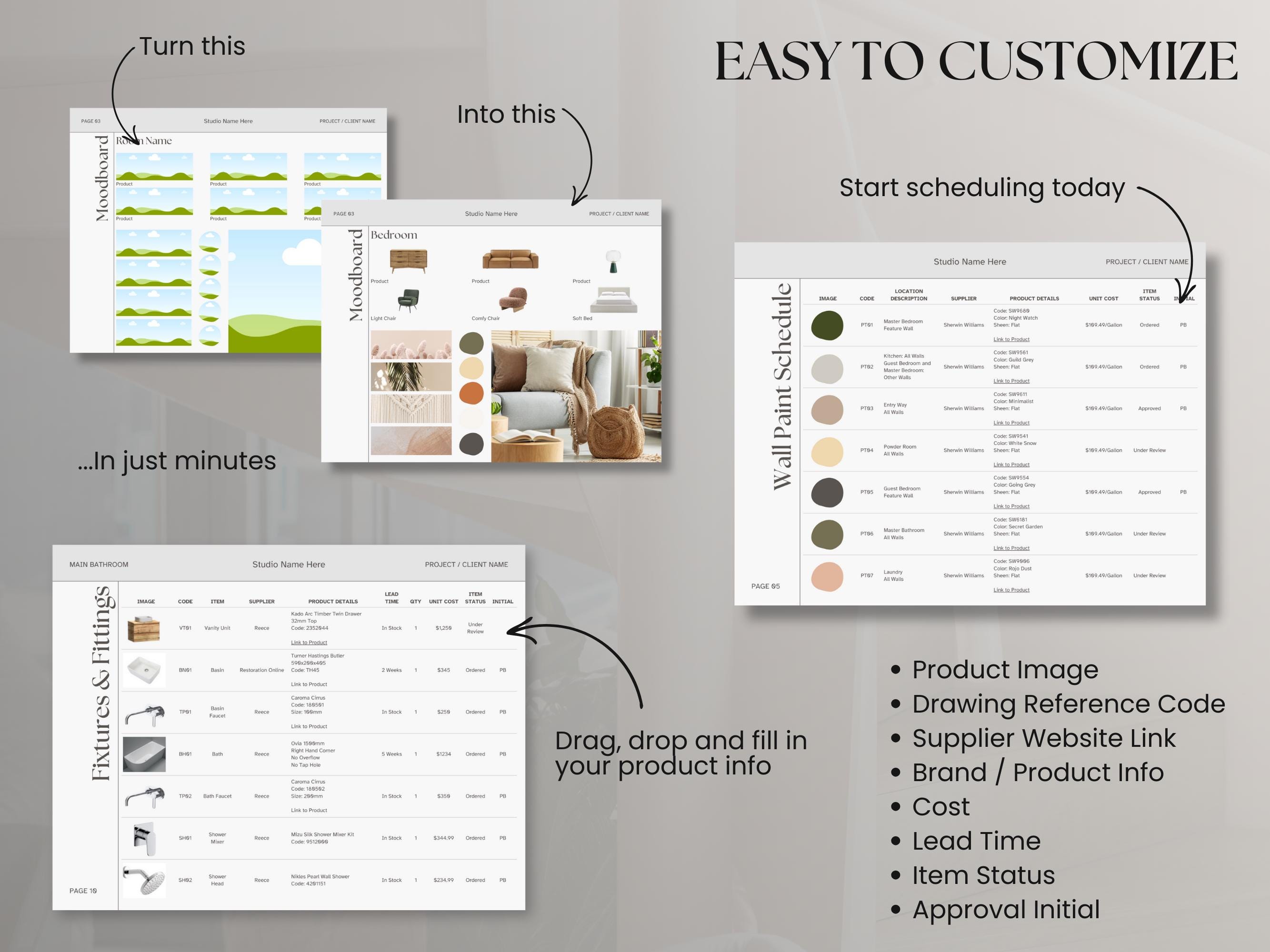 Interior Design Fixtures and Finishes Canva Template | Schedule ...