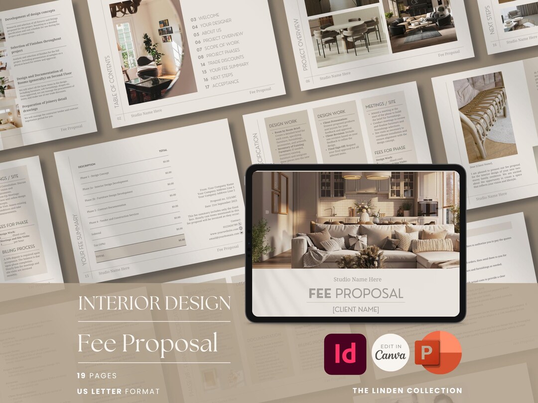Interior Design Fee Proposal Template - Canva Powerpoint Adobe Indesign ...