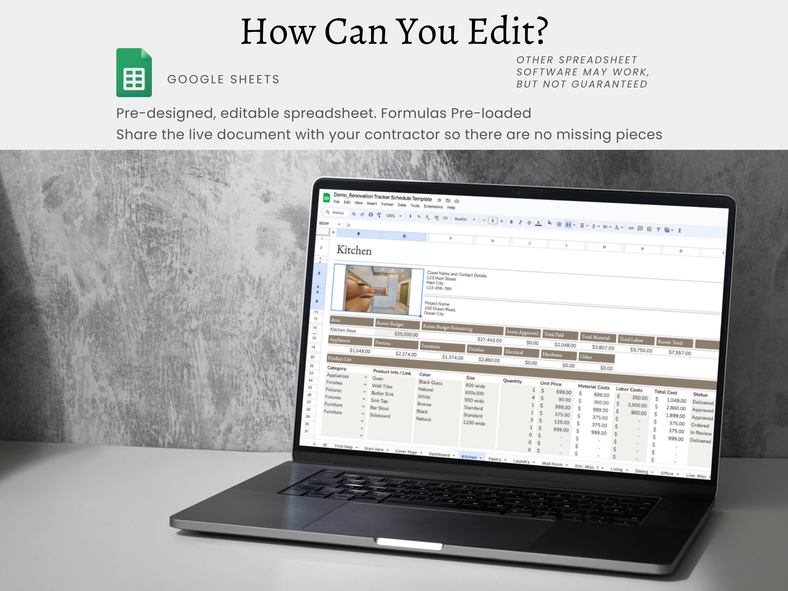 Home Renovation Project Tracker Google Sheets Budget Spreadsheet House ...