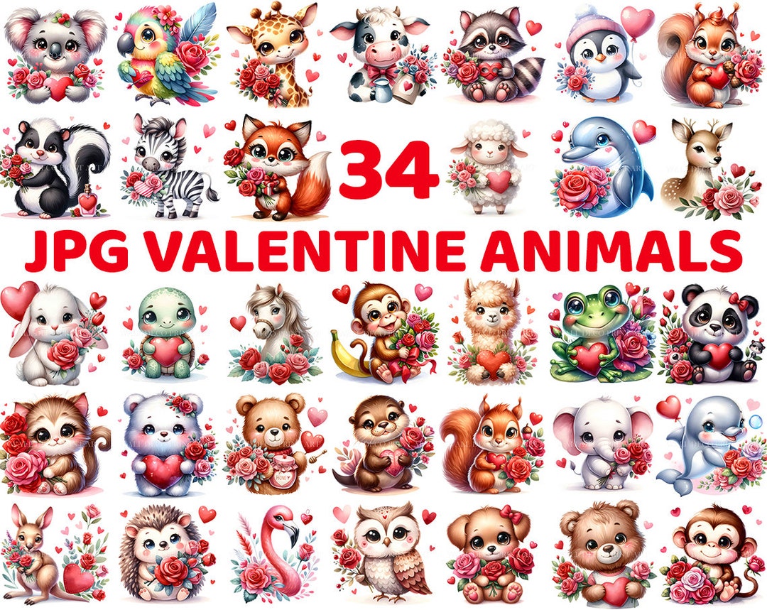 Cute Valentine Animals Clipart MEGA Bundle - 34 High Quality Jpgs ...