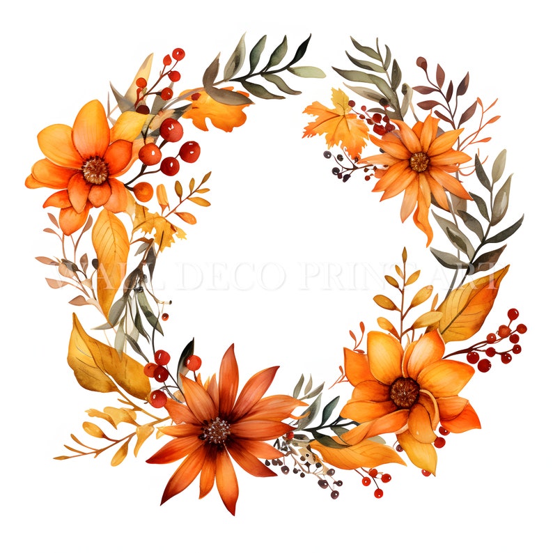 Autumn Floral Wreath Clipart - 10 High Quality JPG - Instant Digital ...