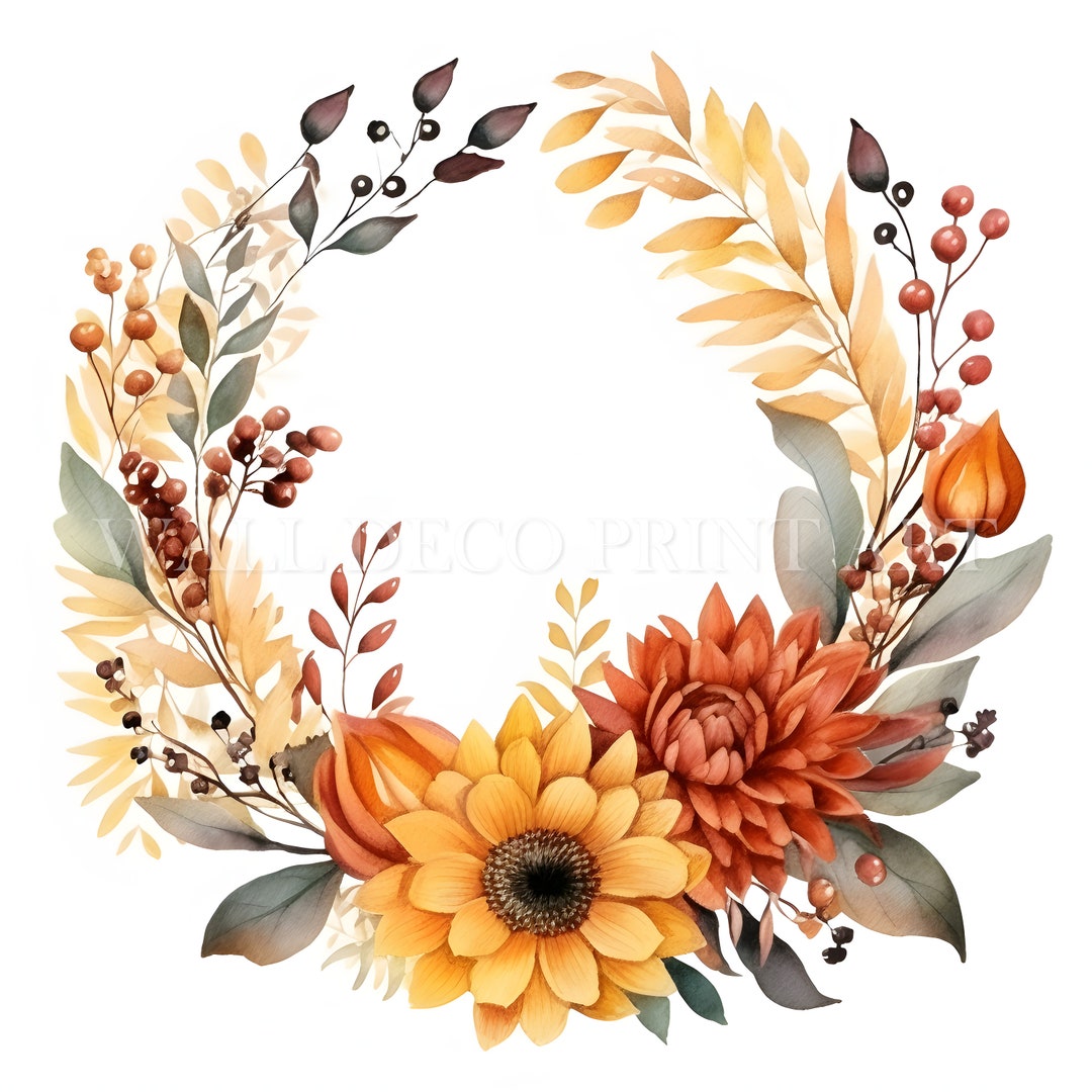 Autumn Floral Wreath Clipart - 10 High Quality JPG - Instant Digital ...