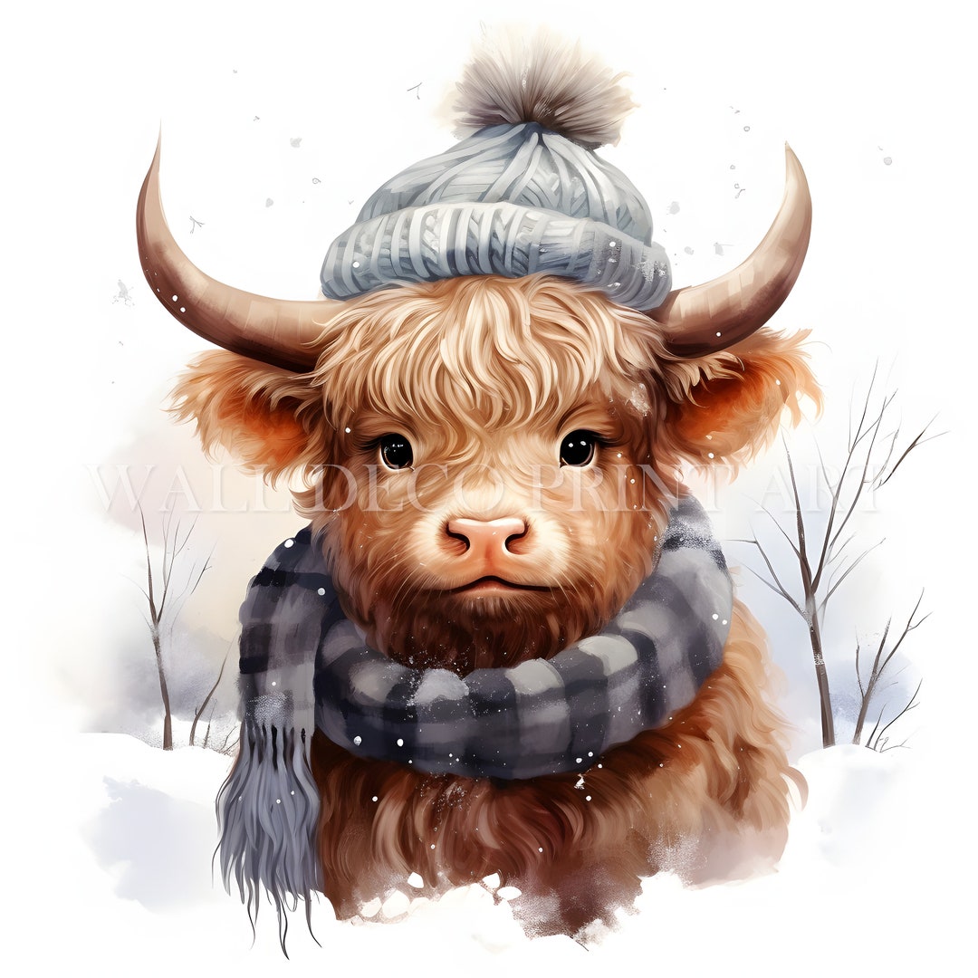 Cute Winter Highland Cow Clipart Bundle - 9 High Quality Jpgs - Digital ...