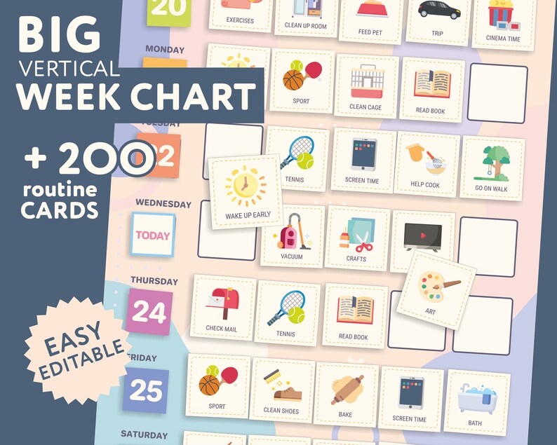 Weekly Chore Chart Printable 200 Routine Cards Kids Vertical - Etsy