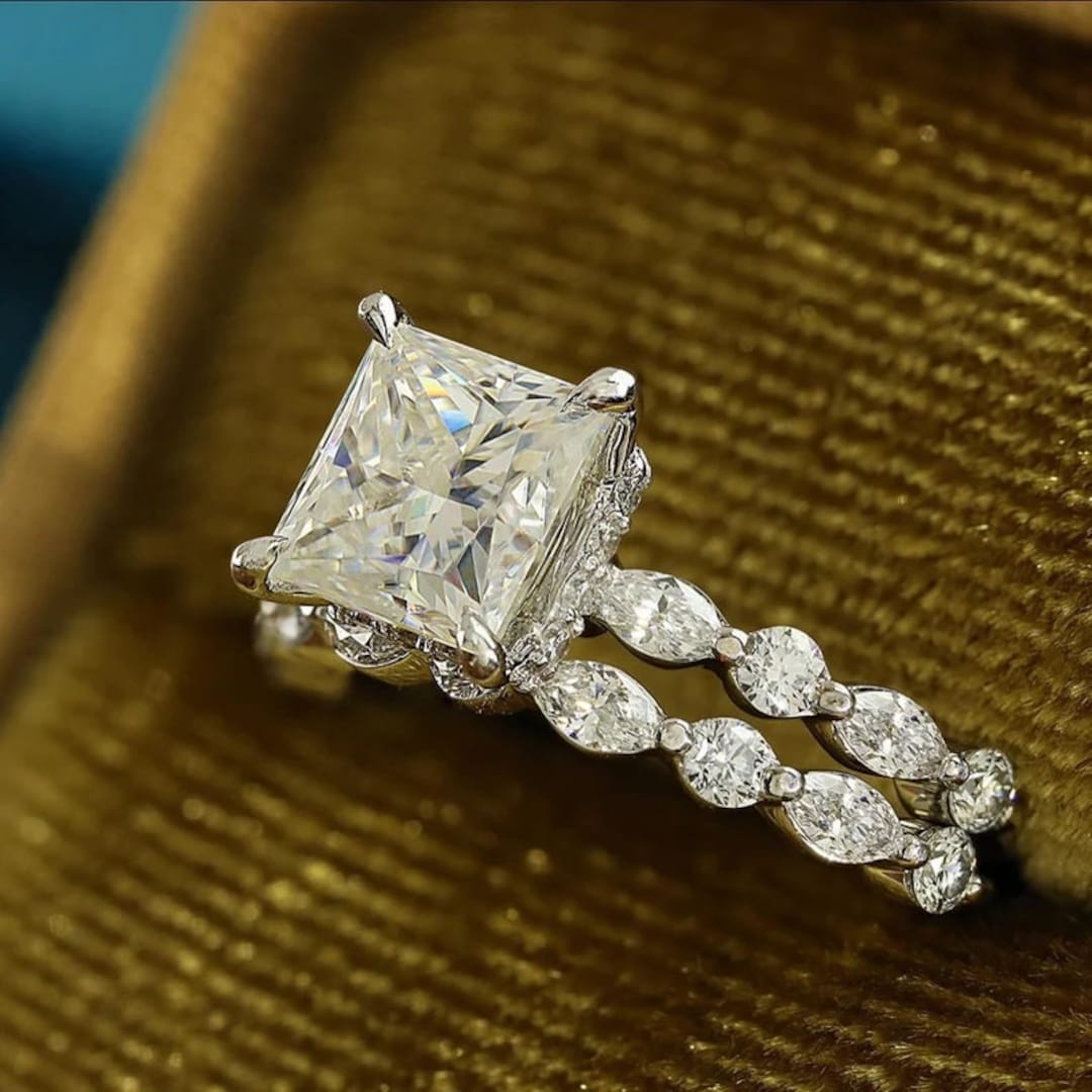 2 Carat Princess Cut Lab Grown Diamond Bridal Ring Set, 14K White Gold ...