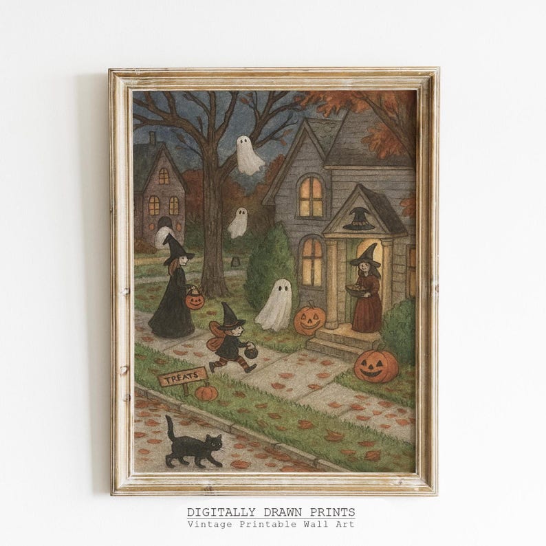 Vintage Halloween Printable Wall Art, Cute Ghosts and Witch Printable ...