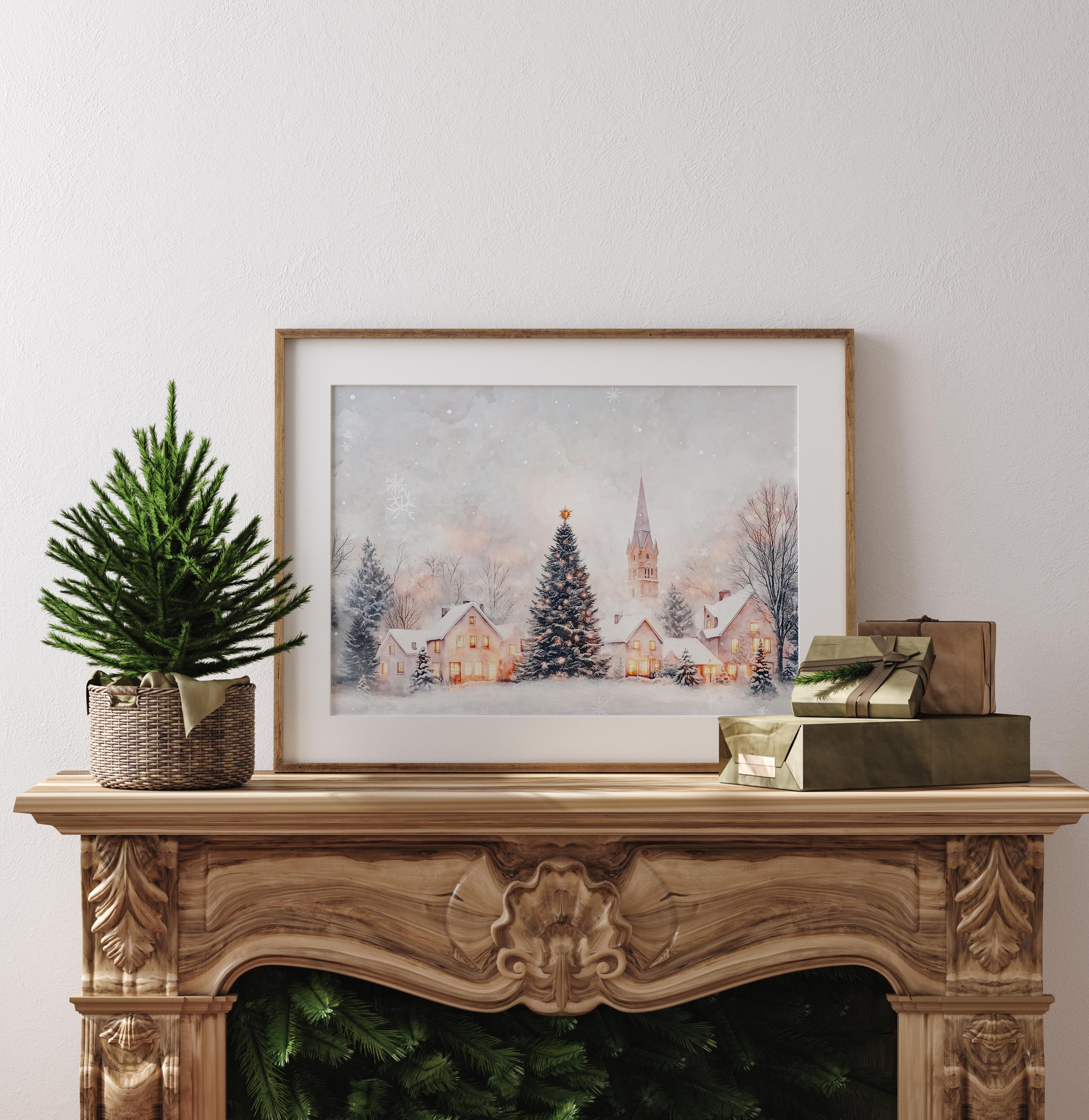 Neutral Christmas Village Printable Wall Art, Winter Church Scene ...