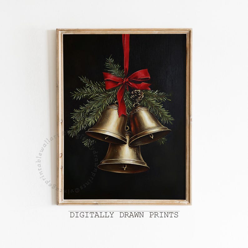 Vintage Christmas Painting, Christmas Bells Decor Printable Wall Art ...