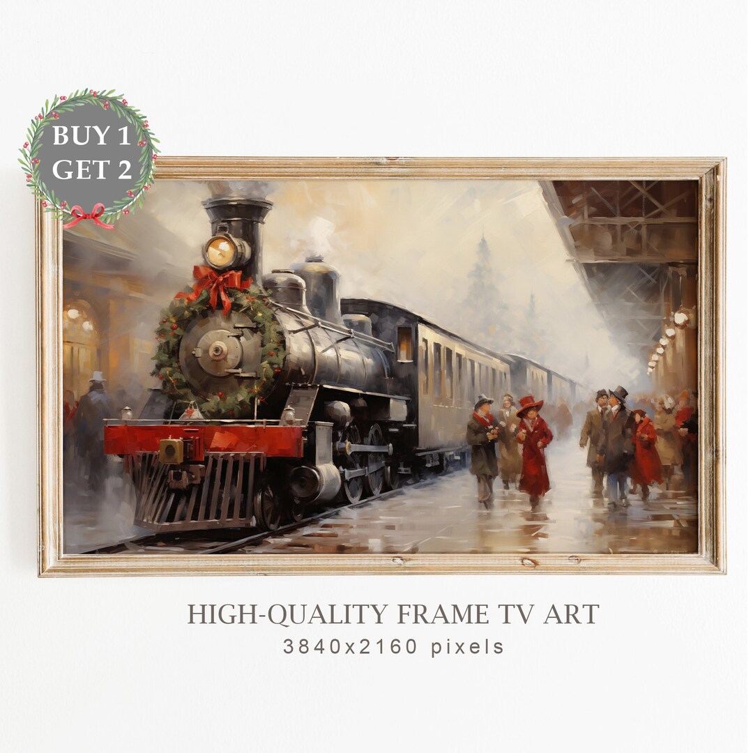 Vintage Christmas Frame TV Art , Christmas Express Train Oil Painting ...