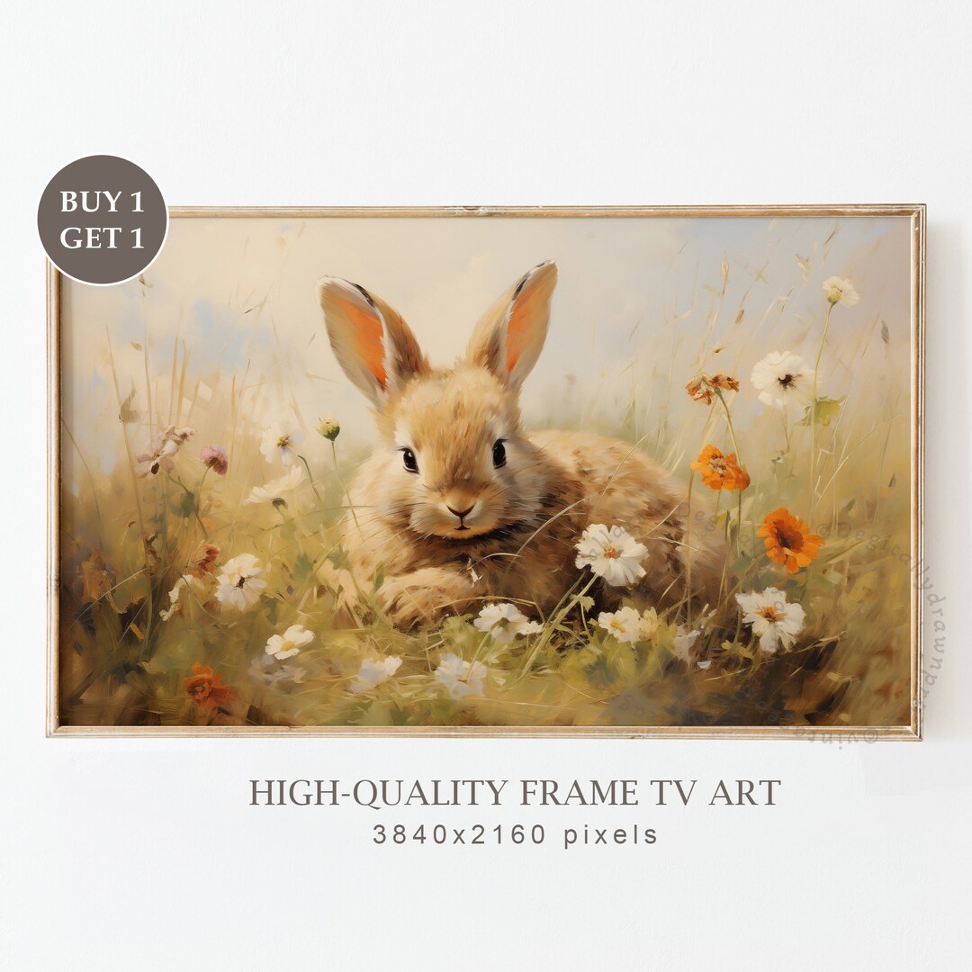 Vintage Easter Bunny Frame Tv Art, Neutral Spring Rabbit Painting for ...