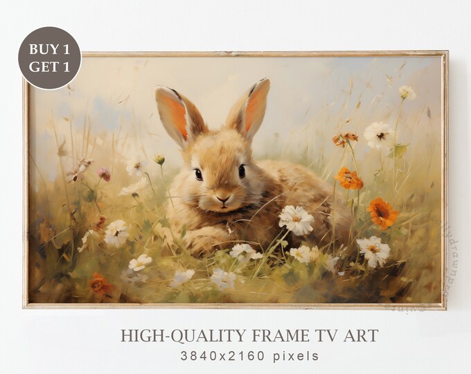 Vintage Easter Bunny Frame Tv Art, Neutral Spring Rabbit Painting for ...