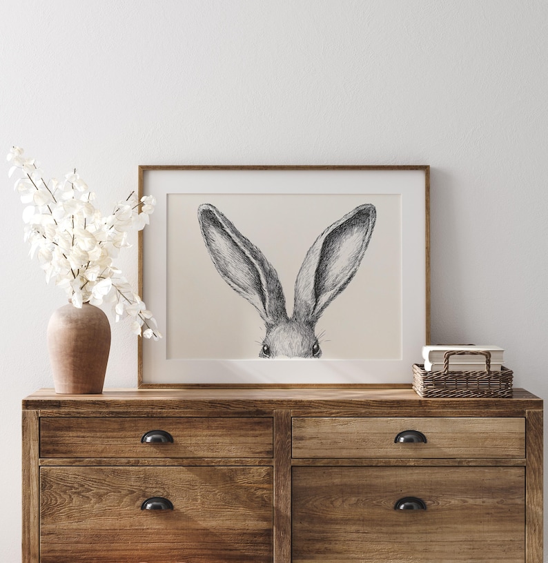 Neutral Printable Easter Bunny Wall Art, Bunny Ears Drawing, Cute ...