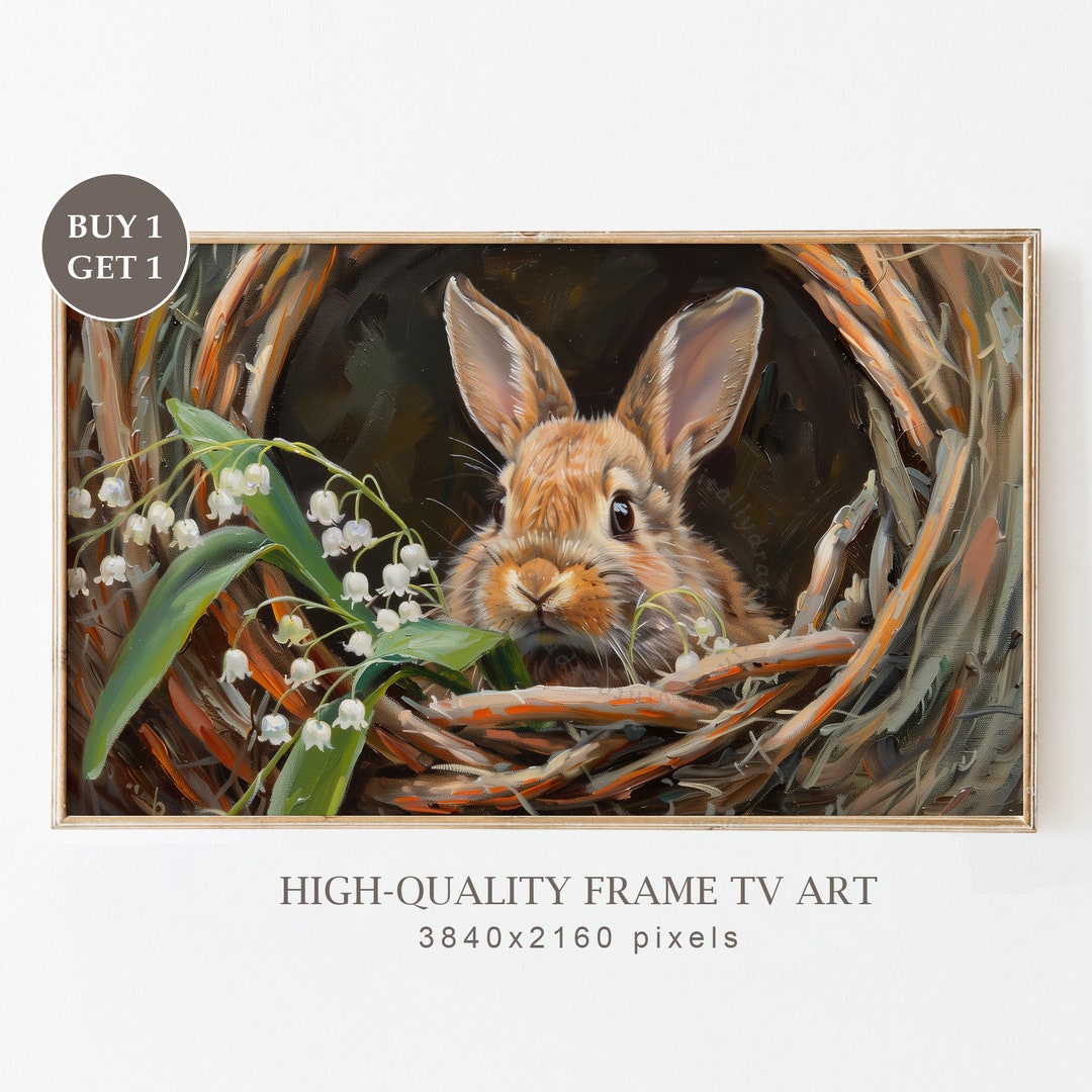 Vintage Easter Frame TV Art, Easter Bunny Antique Oil Painting ...