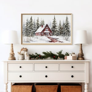 Winter Cottage TV Frame Art, Snowy Landscape Painting, Christmas Decor ...