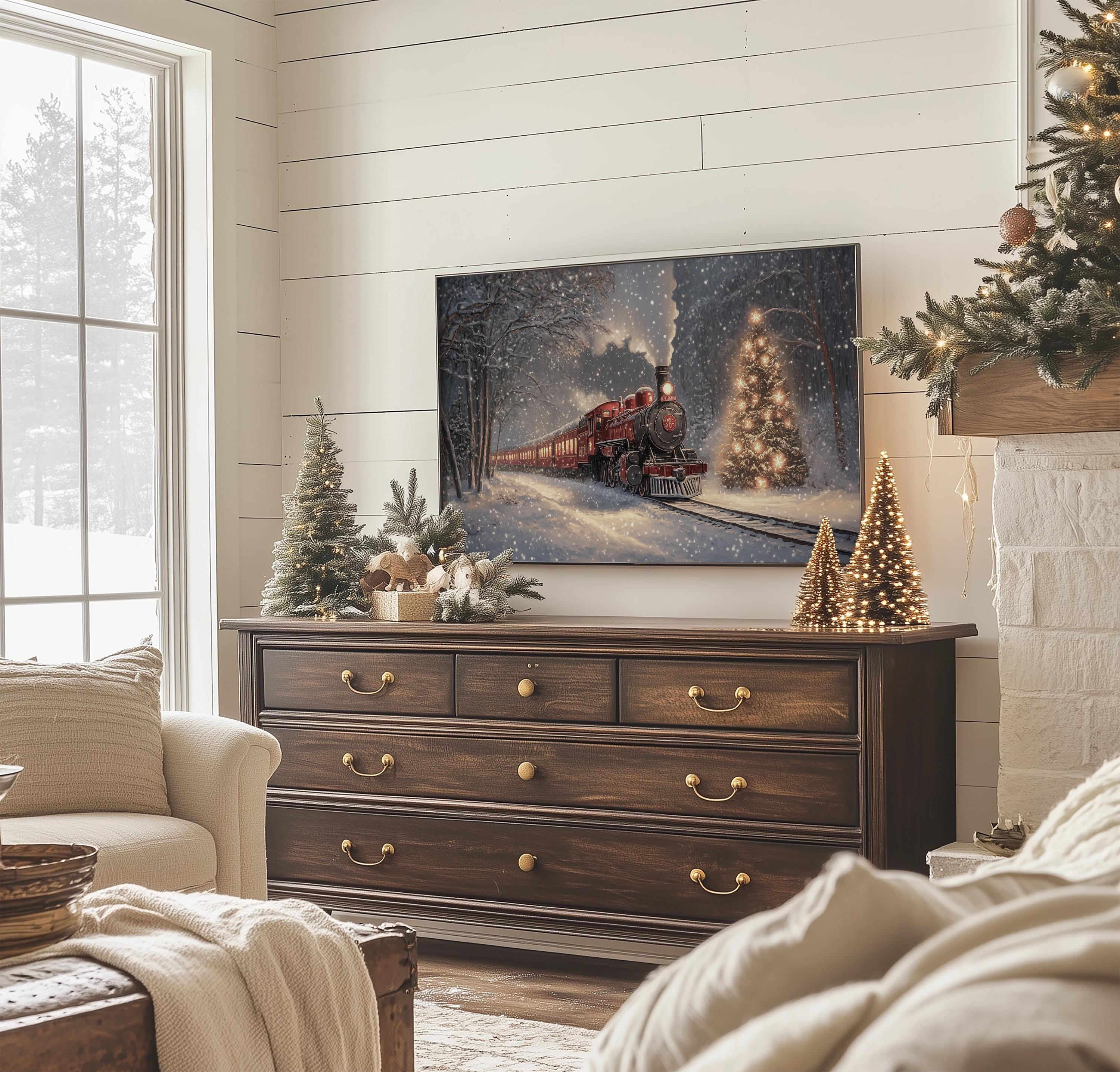 Christmas Frame TV Art, Vintage Christmas Train Painting, Neutral ...