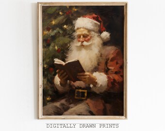 Vintage Christmas Wall Art, Santa Reading a Book on Christmas Fireplace, Printable Christmas Oil ...
