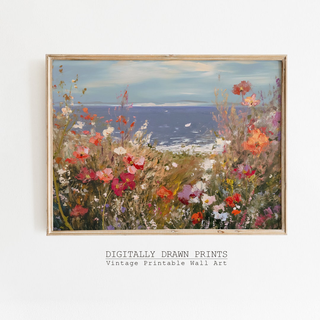 Printable Abstract Wildflowers Landscape Oil Painting, Summer Coastal ...