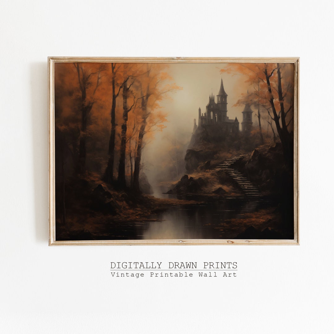 Halloween Printable Wall Art, Spooky Haunted Castle Painting, Vintage ...