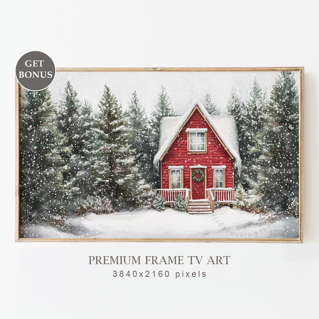 Christmas Cottage Frame TV Art, Farmhouse Winter Landscape Painting ...