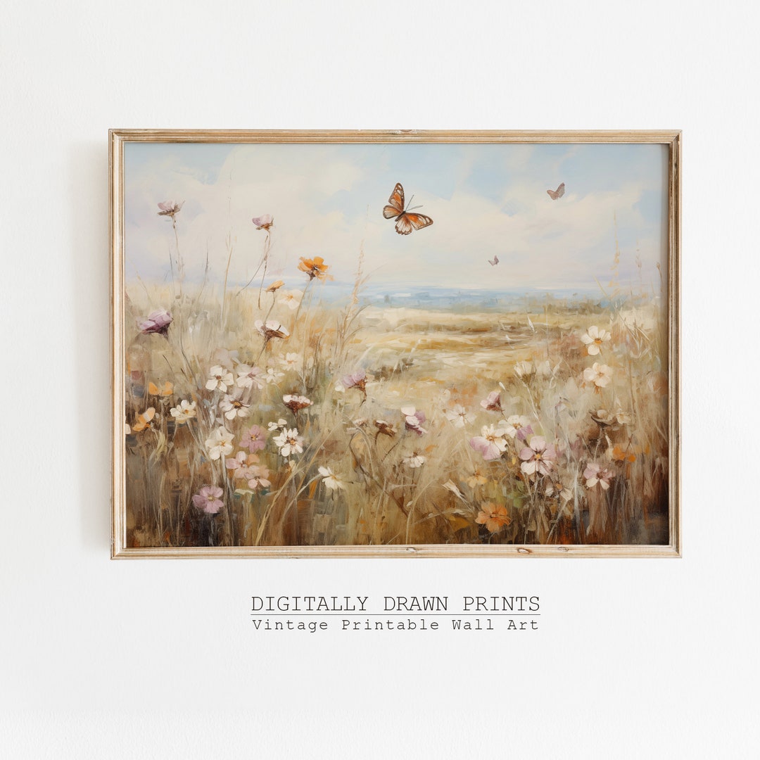 Printable Butterfly Wildflower Field Landscape Vintage Oil Painting ...