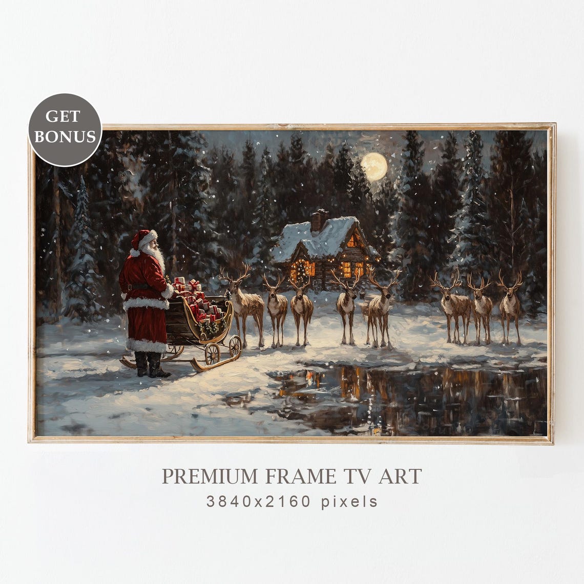Vintage Christmas Frame TV Art, Santa and His Reindeers in a Snowy ...