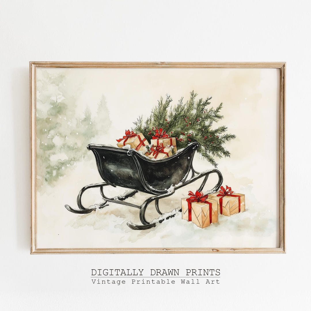 Printable Christmas Wall Art, Vintage Santa Sleigh Painting, Neutral ...
