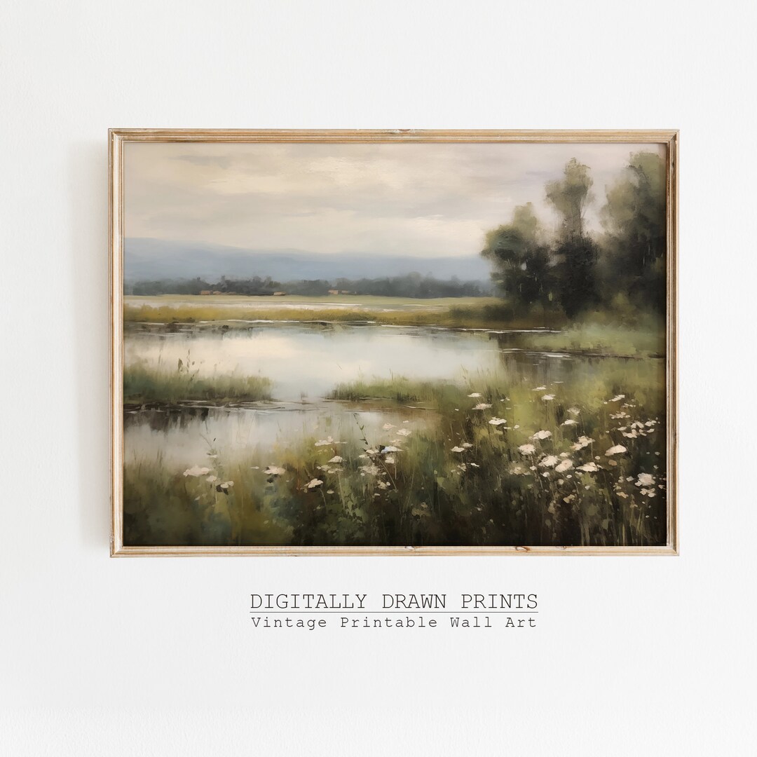 Moody Spring Printable Wildflower Field Landscape Painting, Spring ...