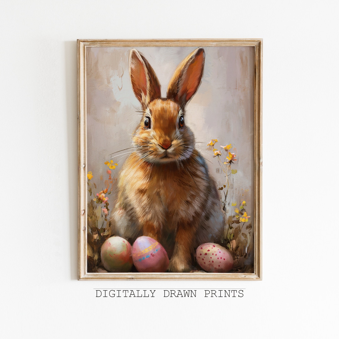 Easter Bunny Printable Wall Art, Vintage Spring Print, Easter Eggs Oil ...