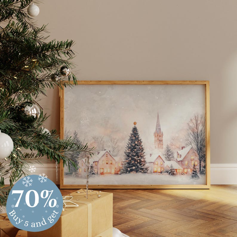 Neutral Christmas Village Printable Wall Art, Winter Church Scene ...