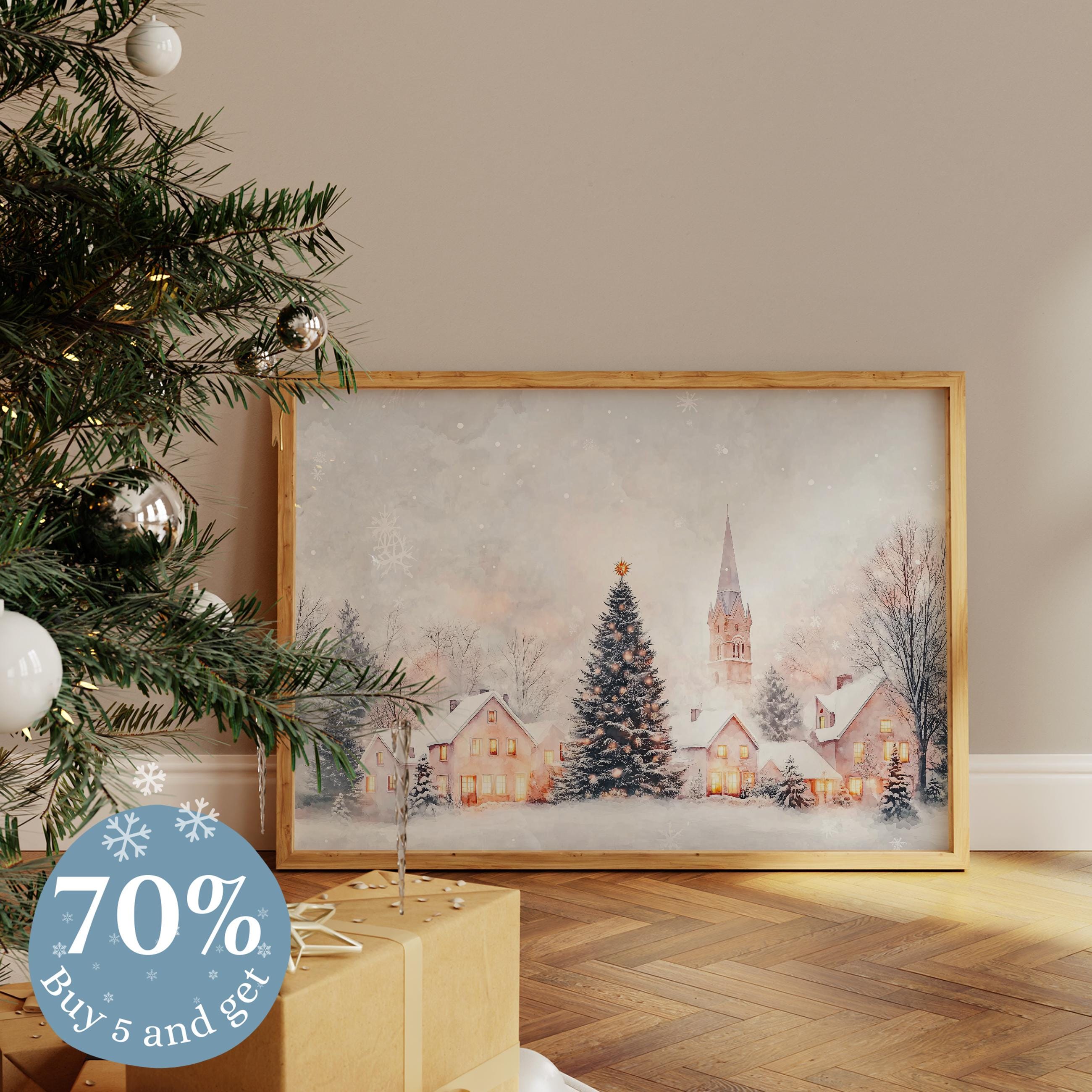 Neutral Christmas Village Printable Wall Art, Winter Church Scene ...