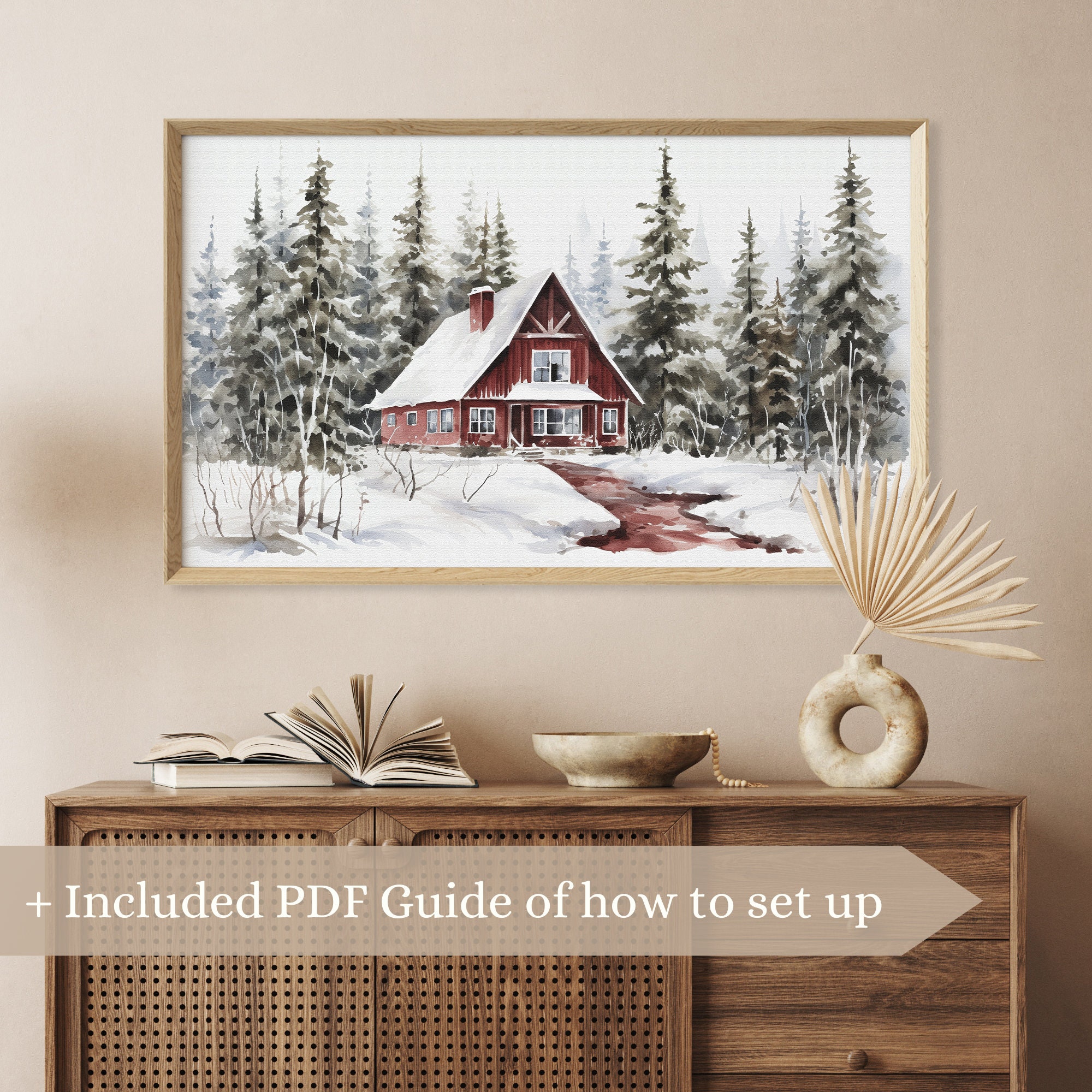 Winter Cottage TV Frame Art, Snowy Landscape Painting, Christmas Decor ...
